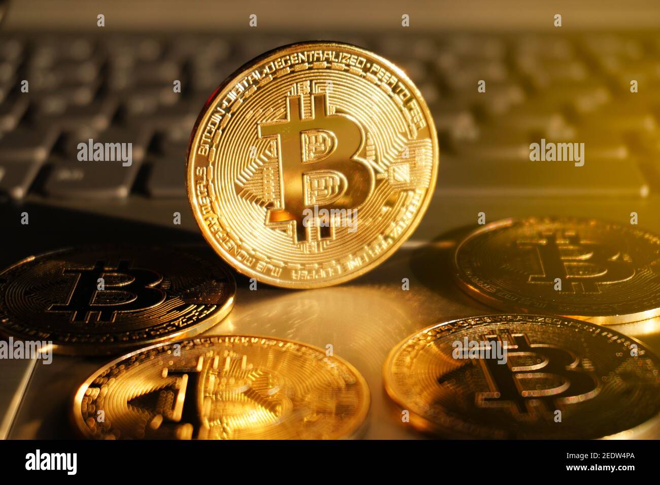 Bit coin crypto currency on computer background. Digital currency ...