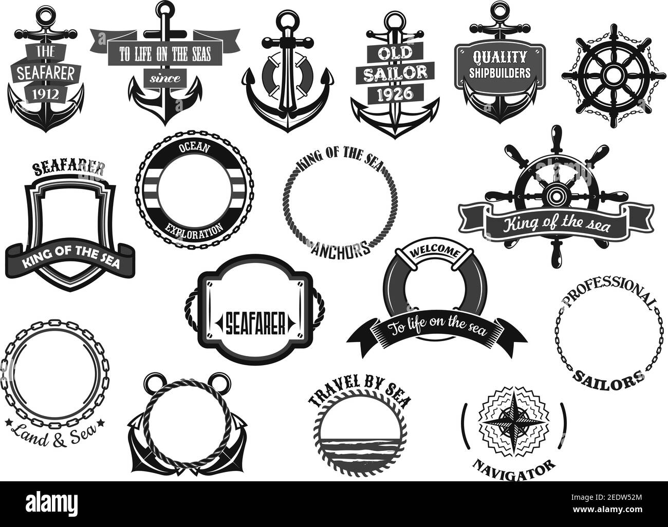 Nautical seafarer and marine sailor heraldic icons. Ship anchor, helm ...