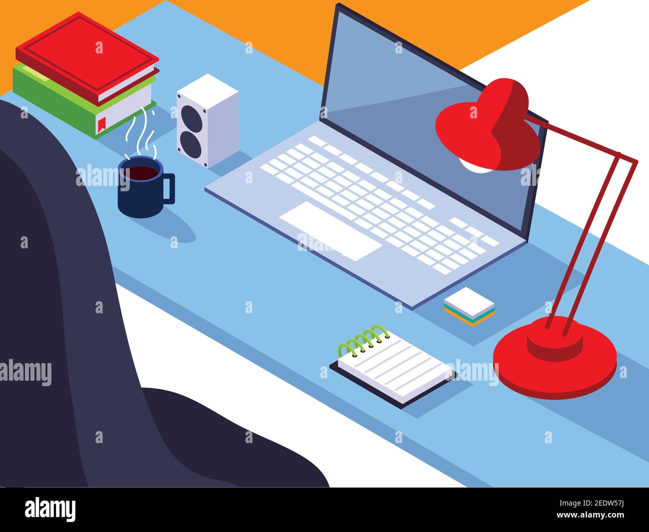 home office workspace desk laptop lamp notepad books coffee cup vector ...