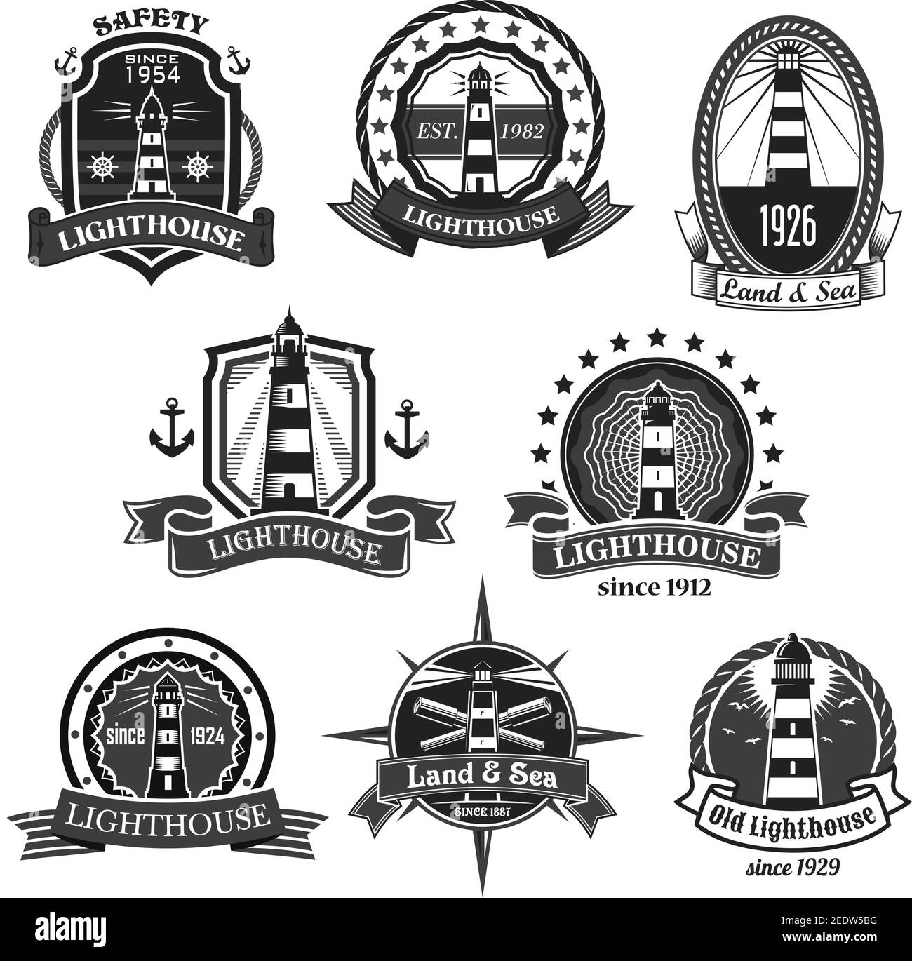 Nautical Logos And Elements Set Compass Lighthouses Anchor Nautical