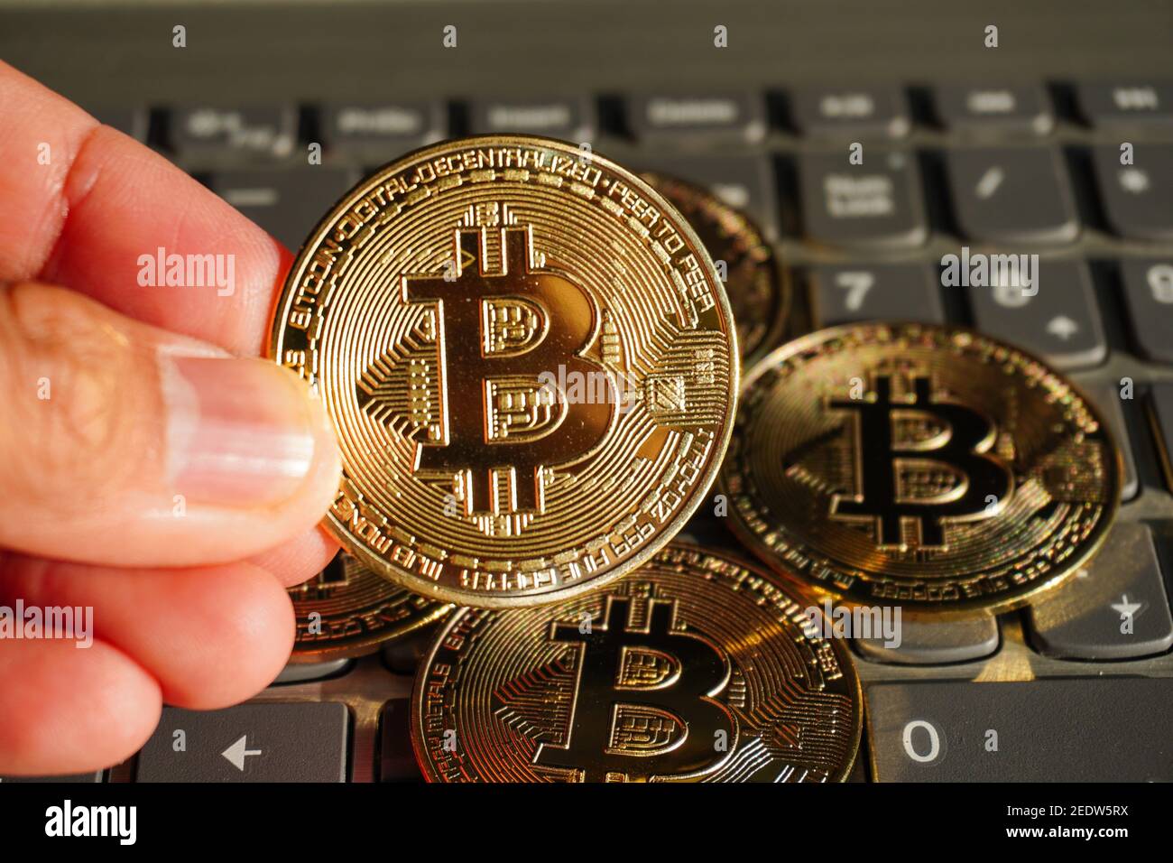 Bit coin crypto currency on computer background. Digital currency ...