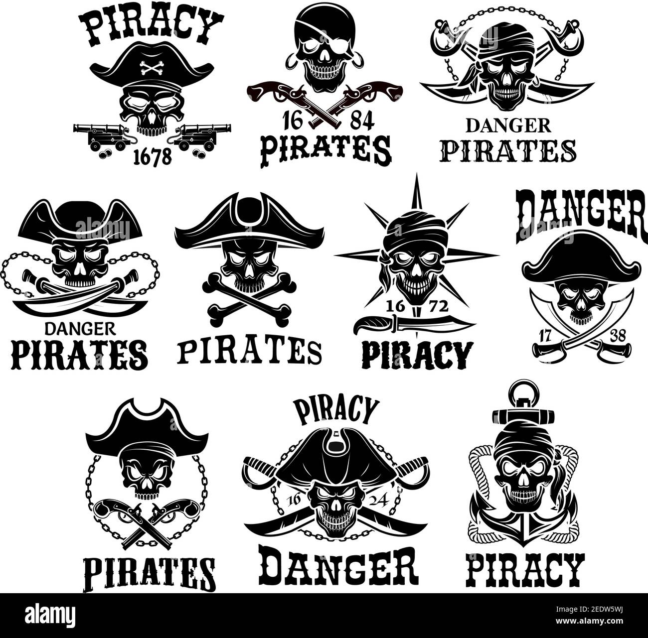 Pirates skulls and Jolly Roger symbols. Captain skeleton in bandana or ...