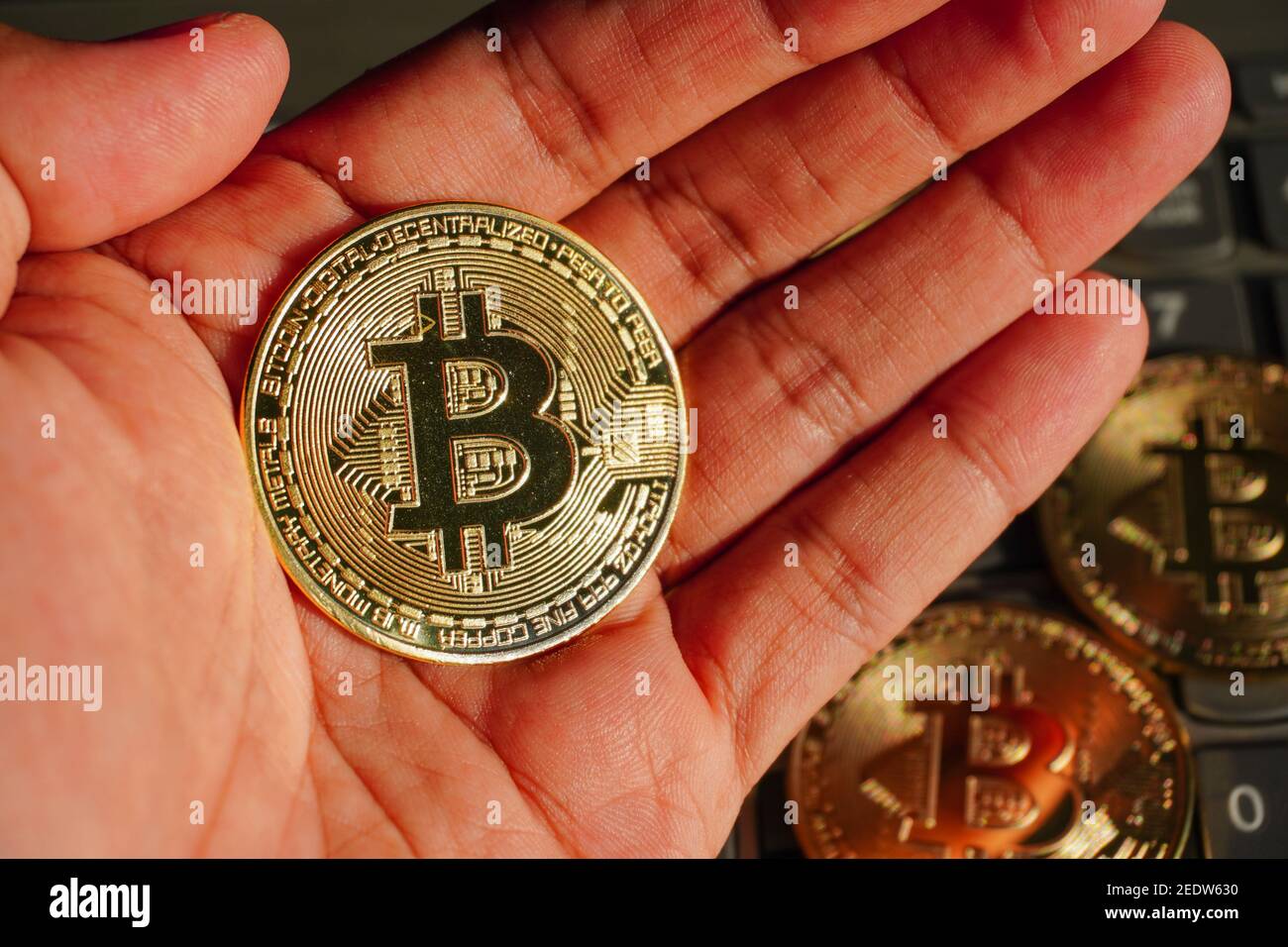 Bit coin crypto currency on computer background. Digital currency ...