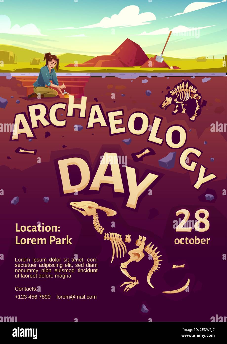 Archaeology day poster with woman explorer on excavation site and ...