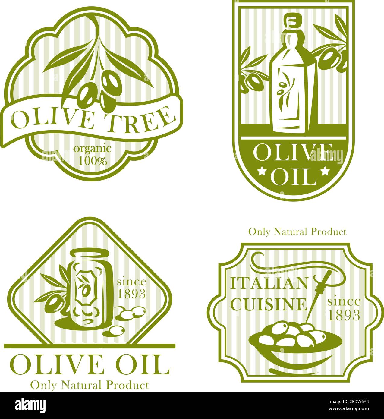 Olive oil labels and icons set. Olive tree branch for Italian cuisine ...