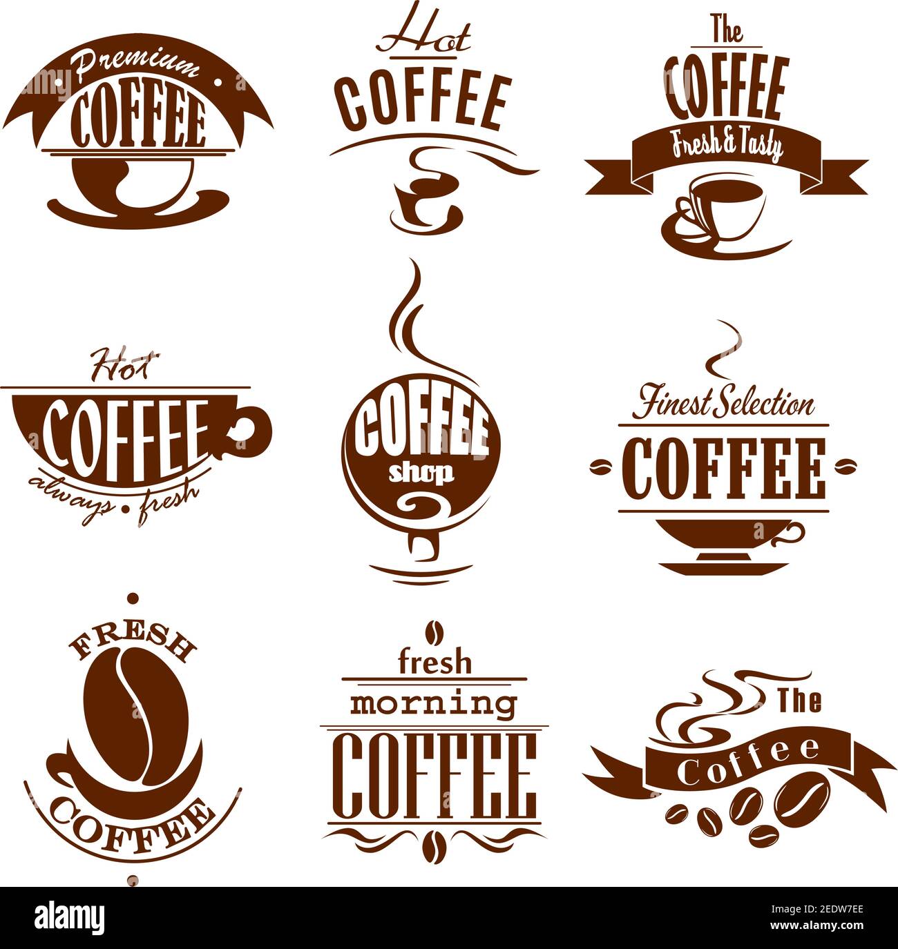 Cafeteria or cafe icons of coffee drinks, cups and beans. Espresso hot ...