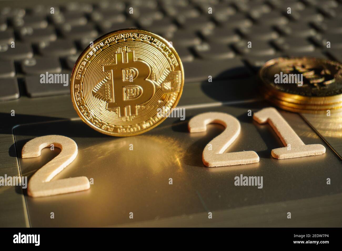 Bit coin crypto currency on computer background. Digital currency ...