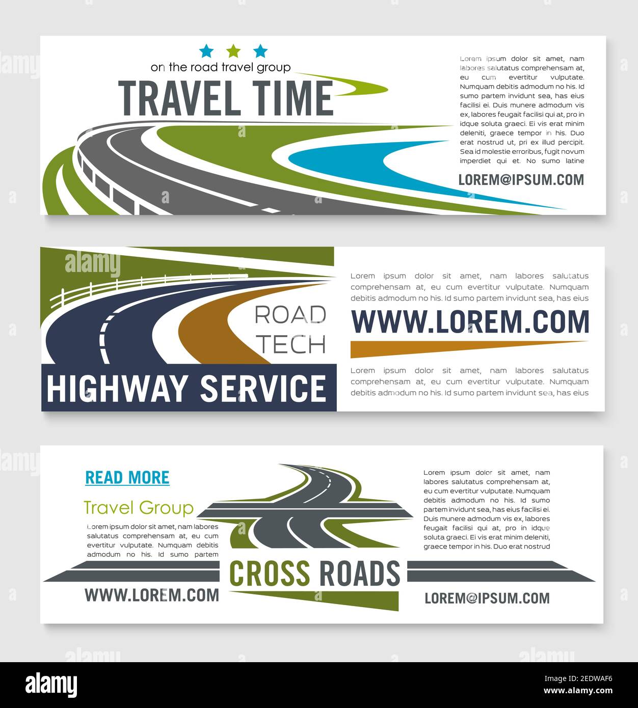 Road travel and highway service banner template set. Crossroad, speedy ...