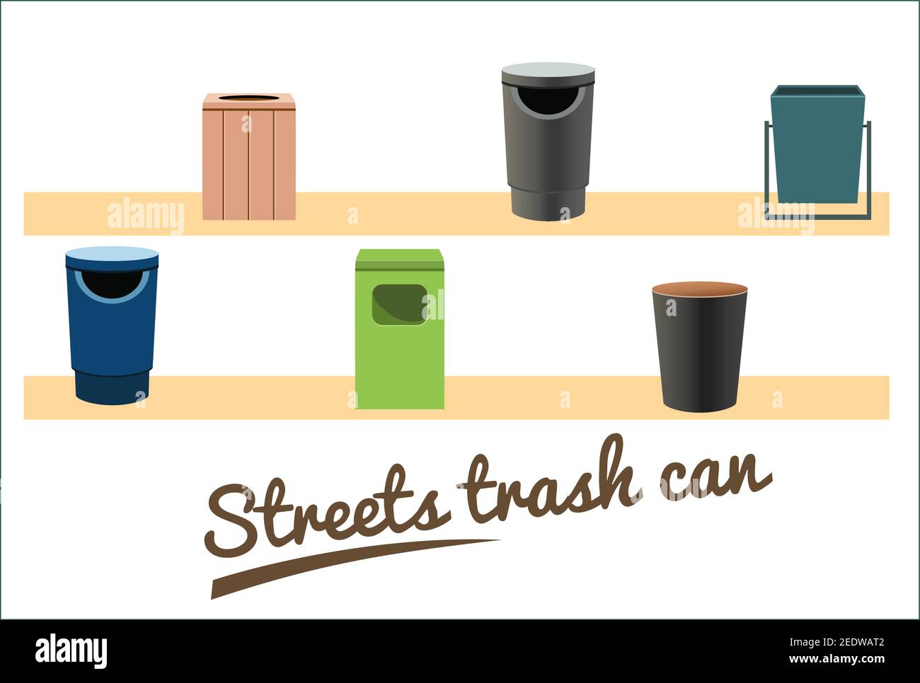 Collection streets trash can. Flat illustration of street and in-house ...