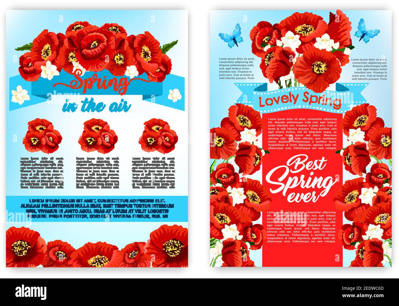 Spring flower greeting poster template set. Spring flowers bunch with ...