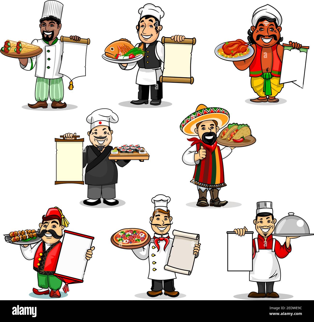 Chefs holding restaurant menu of european and japanese, mexican and ...
