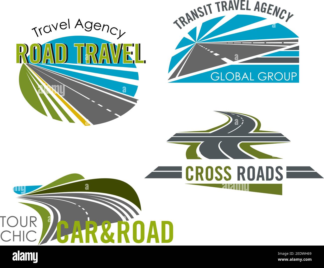 Road trip, car tour and transit travel agency icon set. Transportation ...