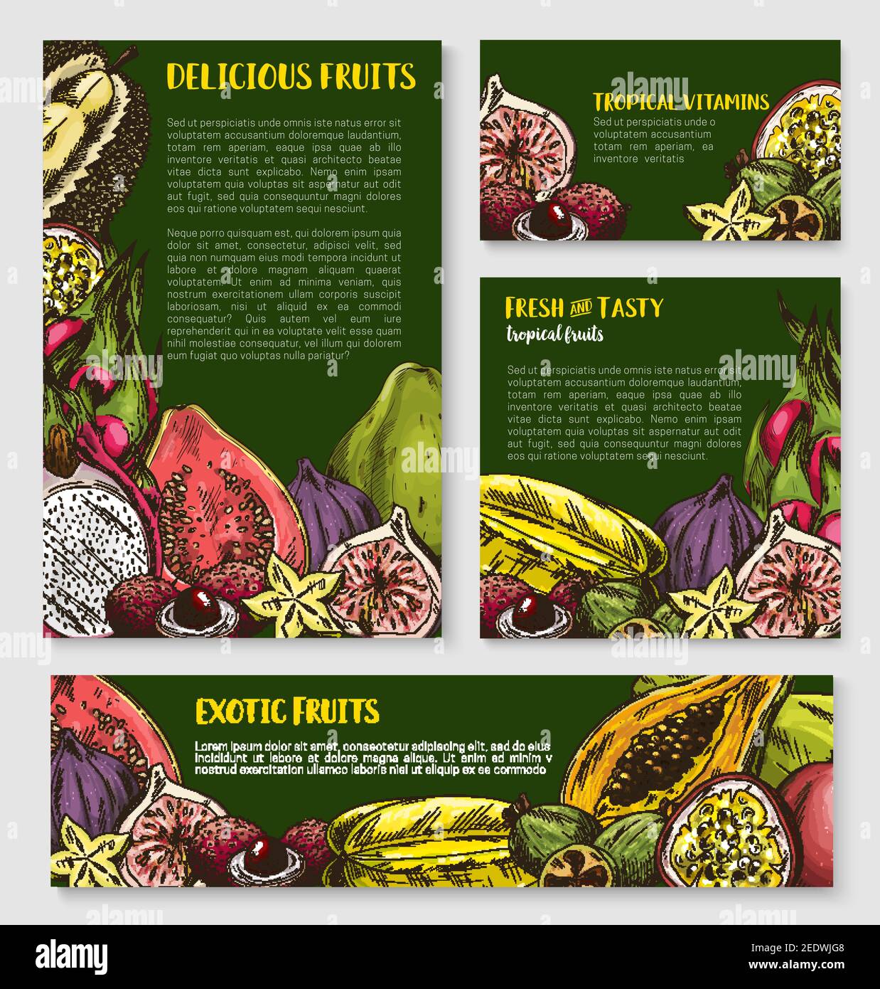 Exotic tropical fruit banner template set. Papaya, carambola, feijoa ...