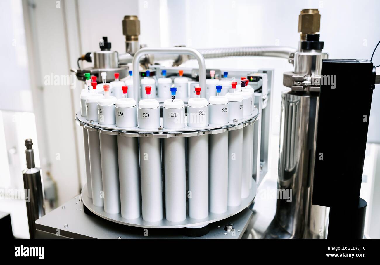 Autosampler of NMR spectrometer loaded with samples for analysis ...