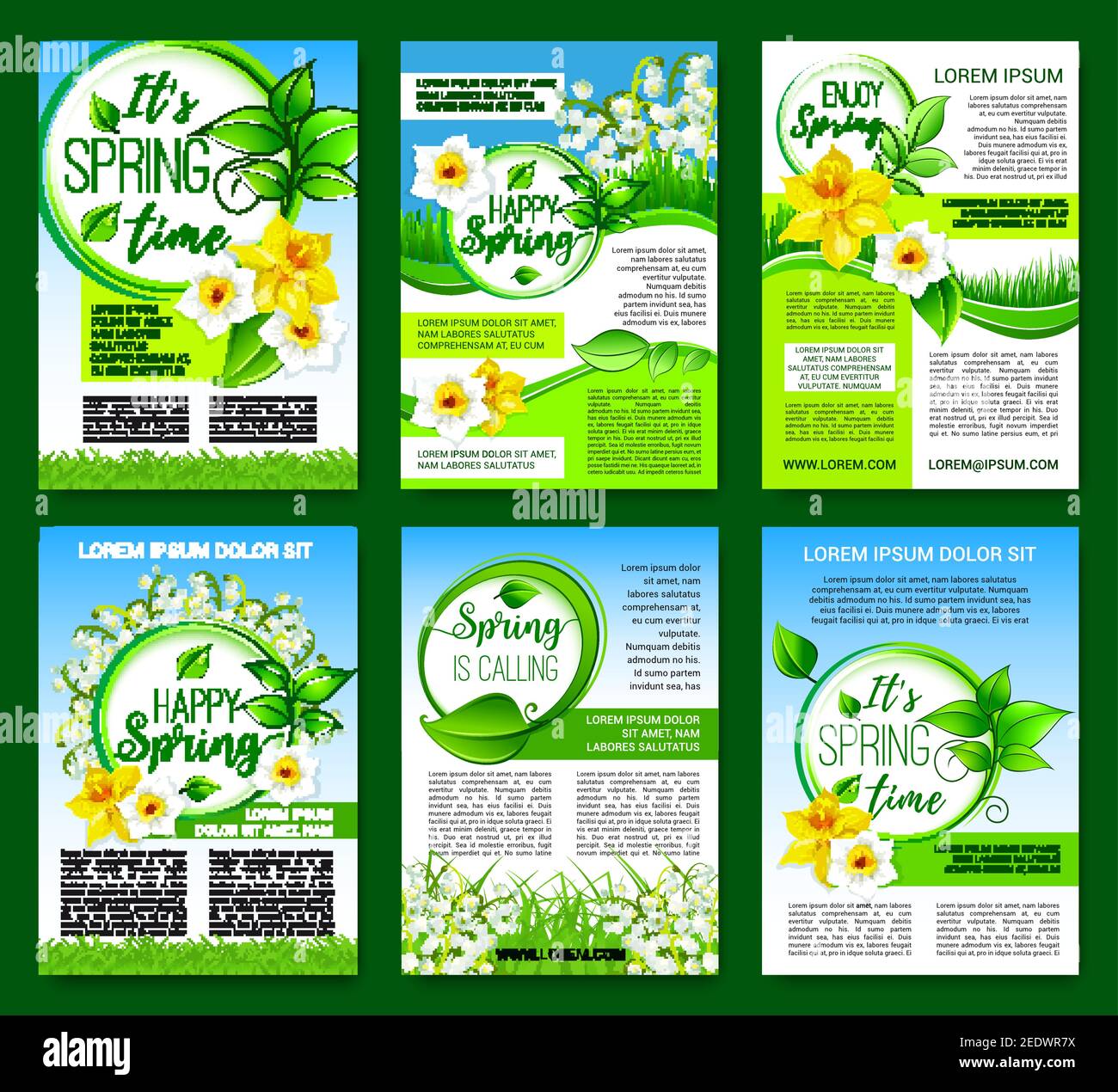 Happy springtime greeting poster template with spring flowers. Green ...