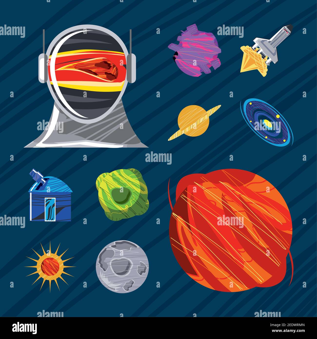 space icons set astronaut spaceship planet moon telescope and sun ...