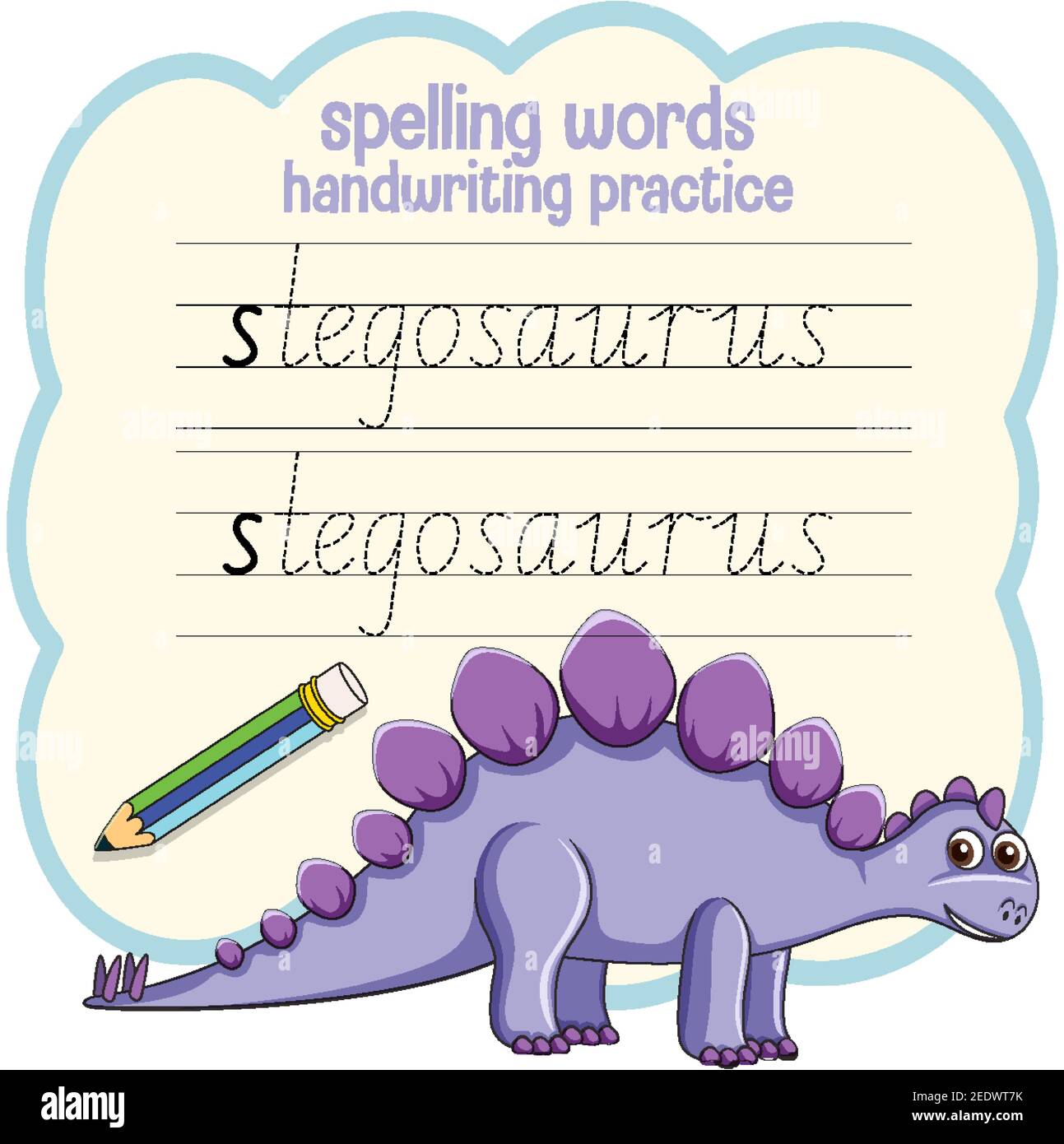Spelling words dinosaur handwriting practice worksheet illustration ...