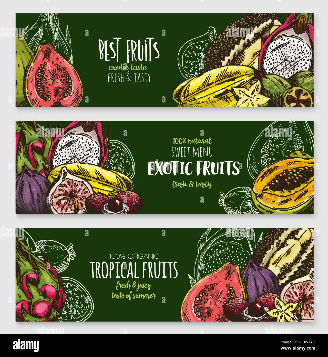 Exotic tropical fruit blackboard banner set. Fresh papaya, carambola ...
