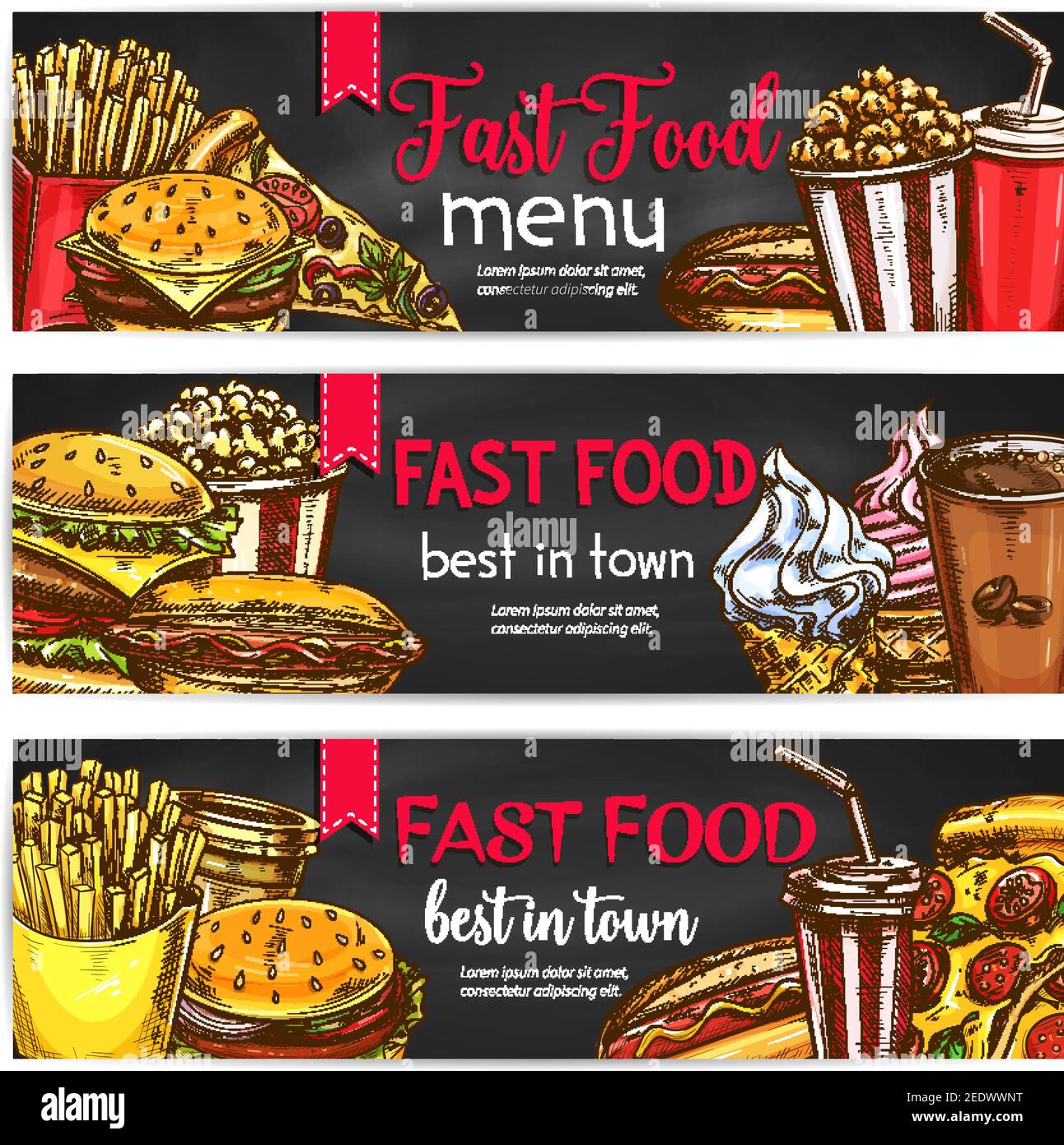Fast food lunch dishes and drinks chalkboard banner set. Hamburger ...