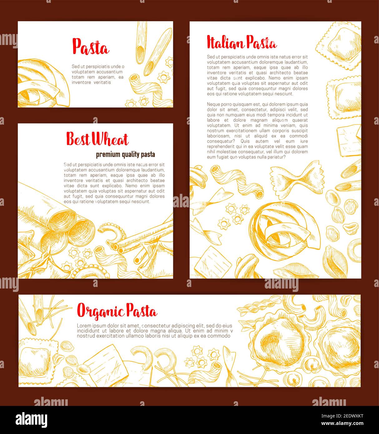 Italian pasta banner template set. Spaghetti, macaroni, penne, farfalle ...