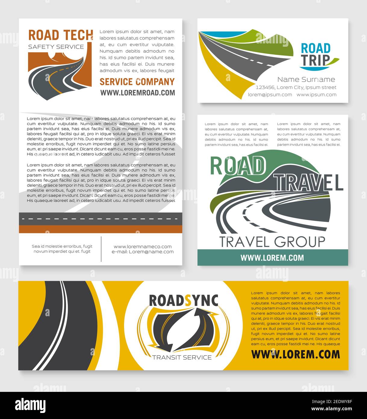 Road trip and car travel banner template set. Business card and ...