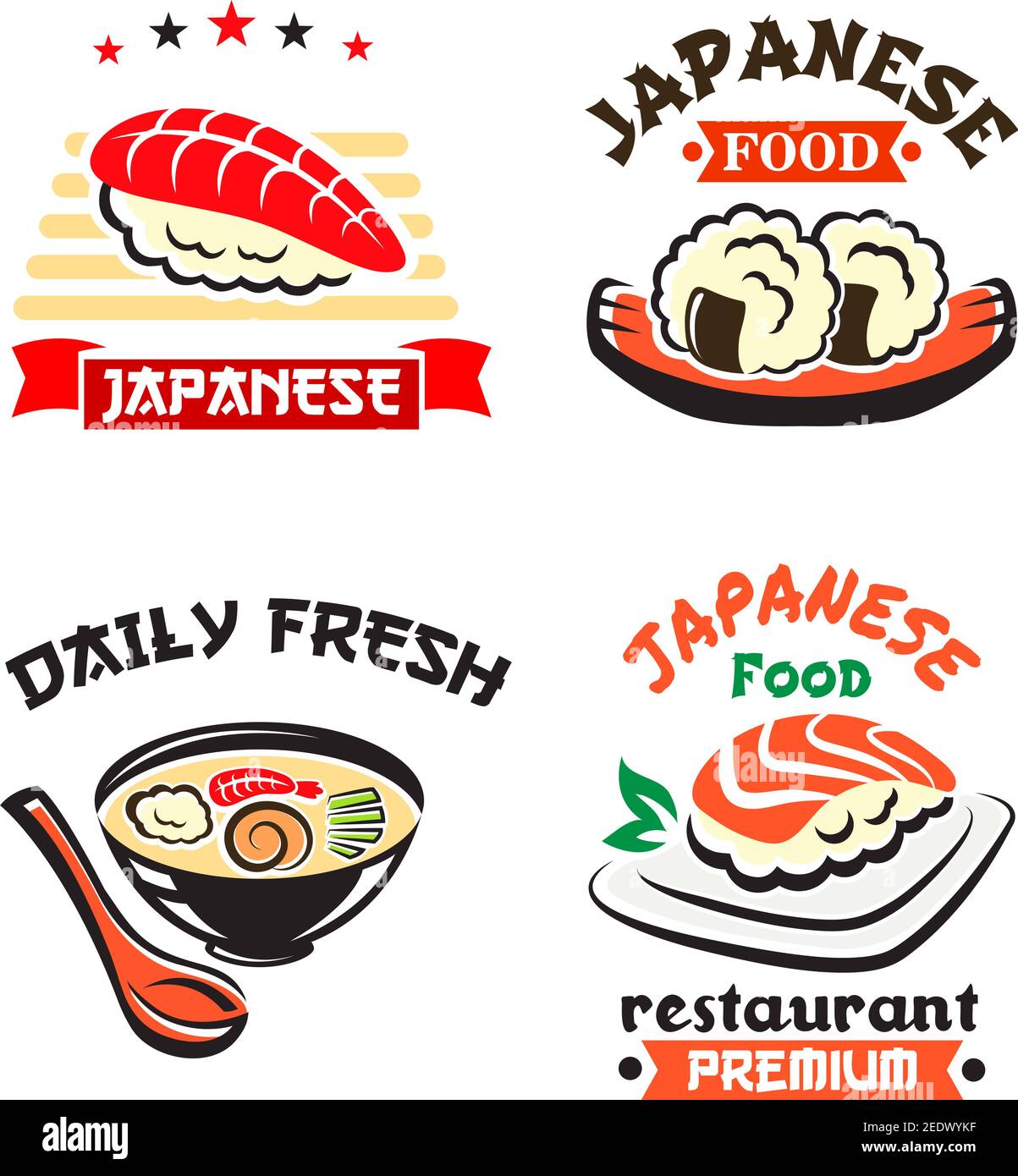 Japanese food isolated symbol set. Sushi, seafood rice and noodle soup ...