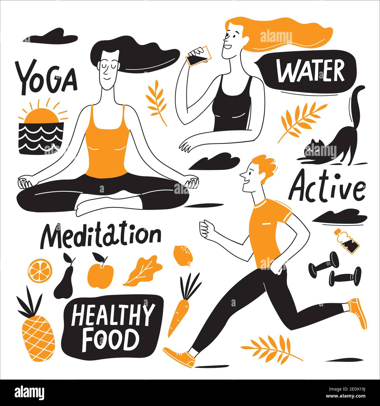 Healthy lifestyle vector design with people, elements and lettering ...