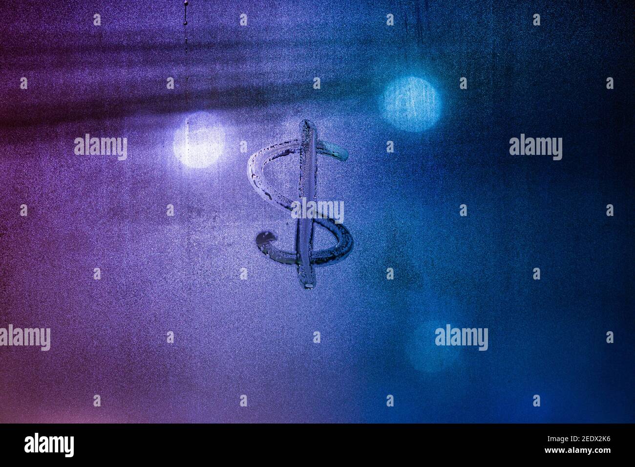 Dollar currency sign handwritten on fogged window. Dollar symbol on wet ...