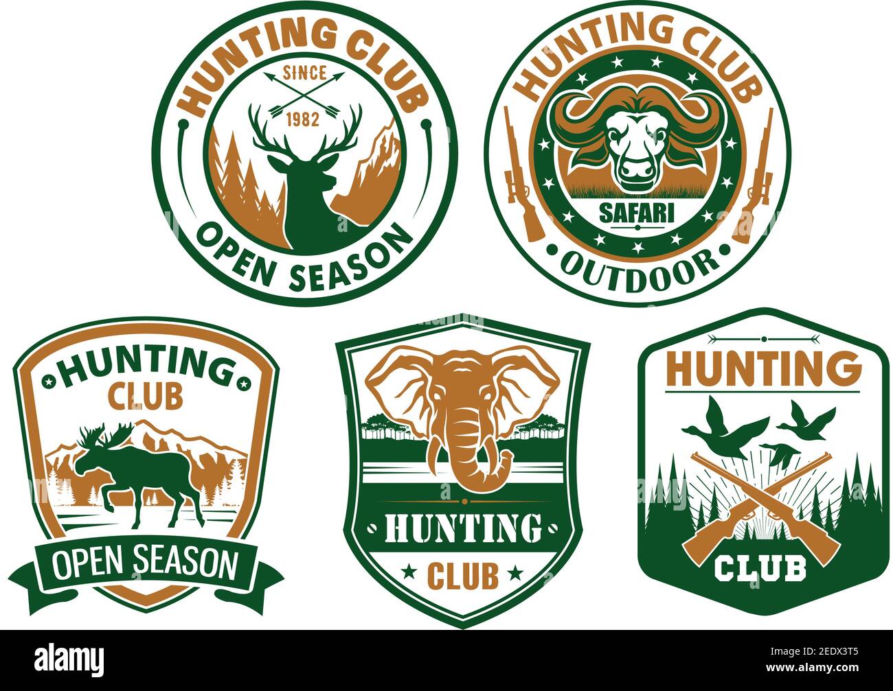 Hunting or hunter club badges with symbols of wild animals musk-ox and ...