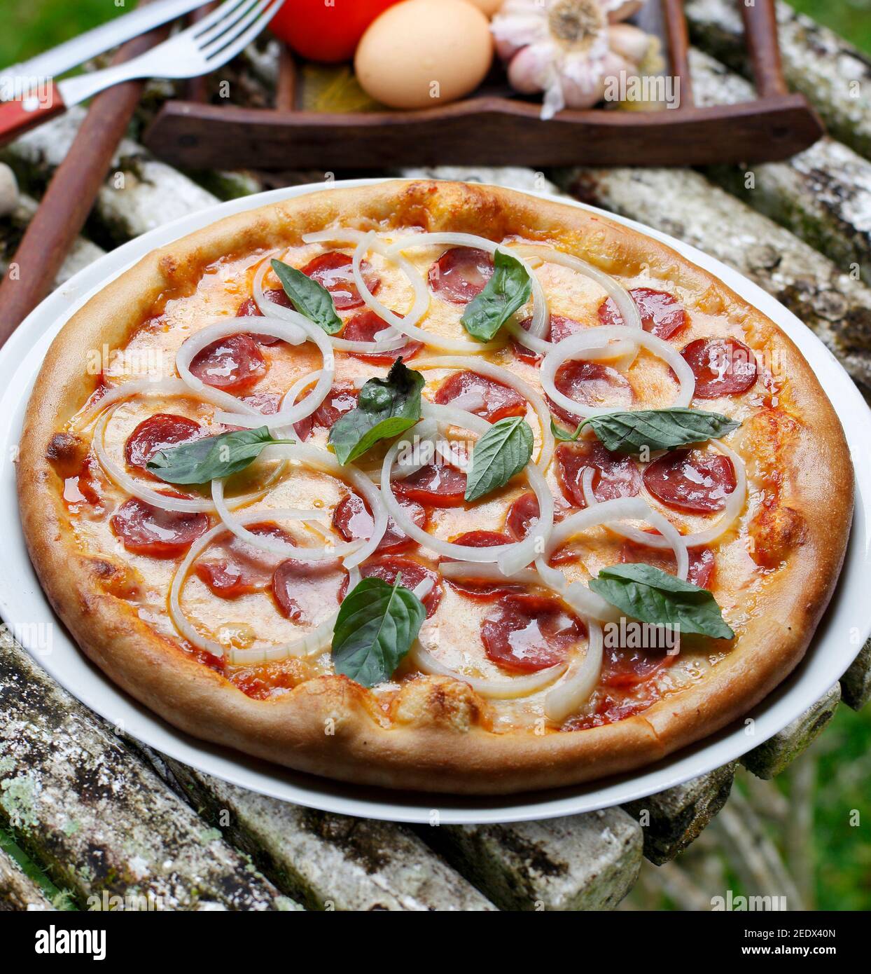 Pizza pepperoni with olive oil Stock Photo - Alamy