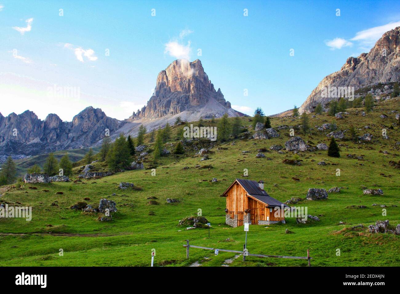 Refuge at the Sella Pass, blue sky, hut in the foreground Stock Photo ...