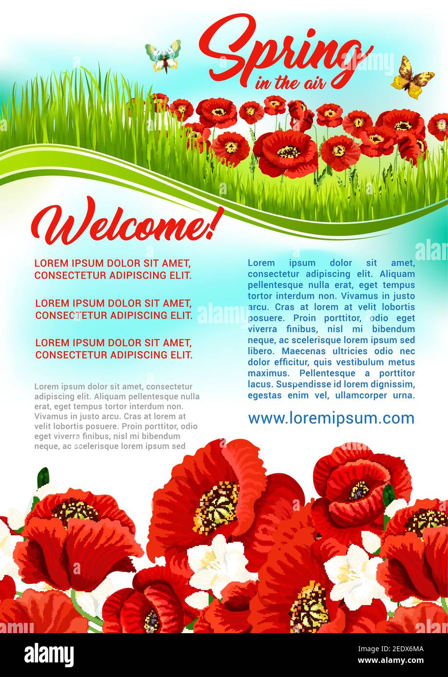 Welcome Spring poster design with blooming flowers on green grass field ...