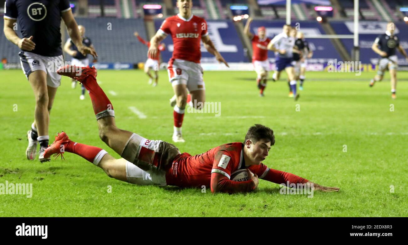 File photo dated 13-02-2021 of Wales' Louis Rees-Zammit scoring a try ...