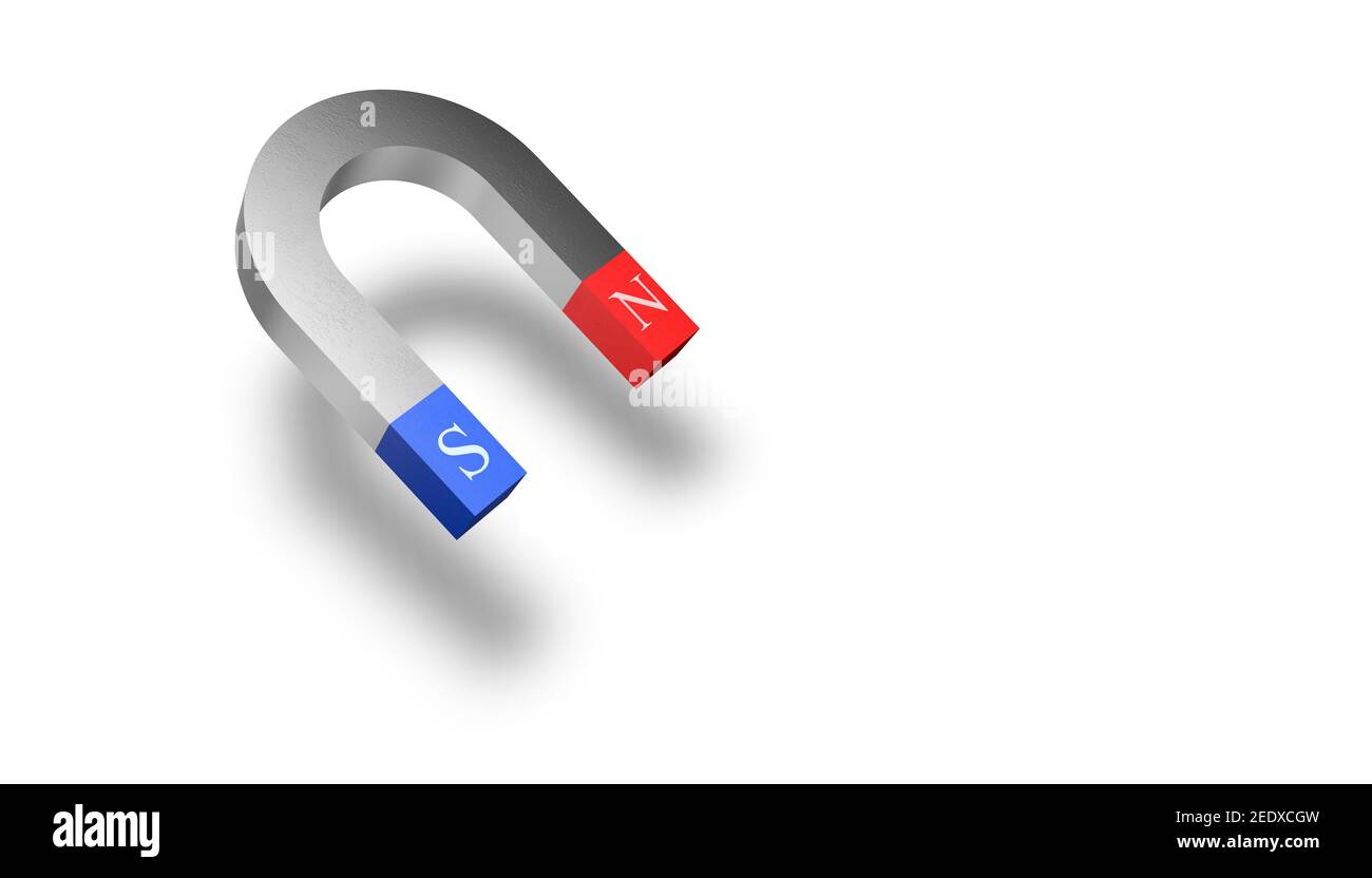 3D illustration of a magnet with north and south poles over white ...