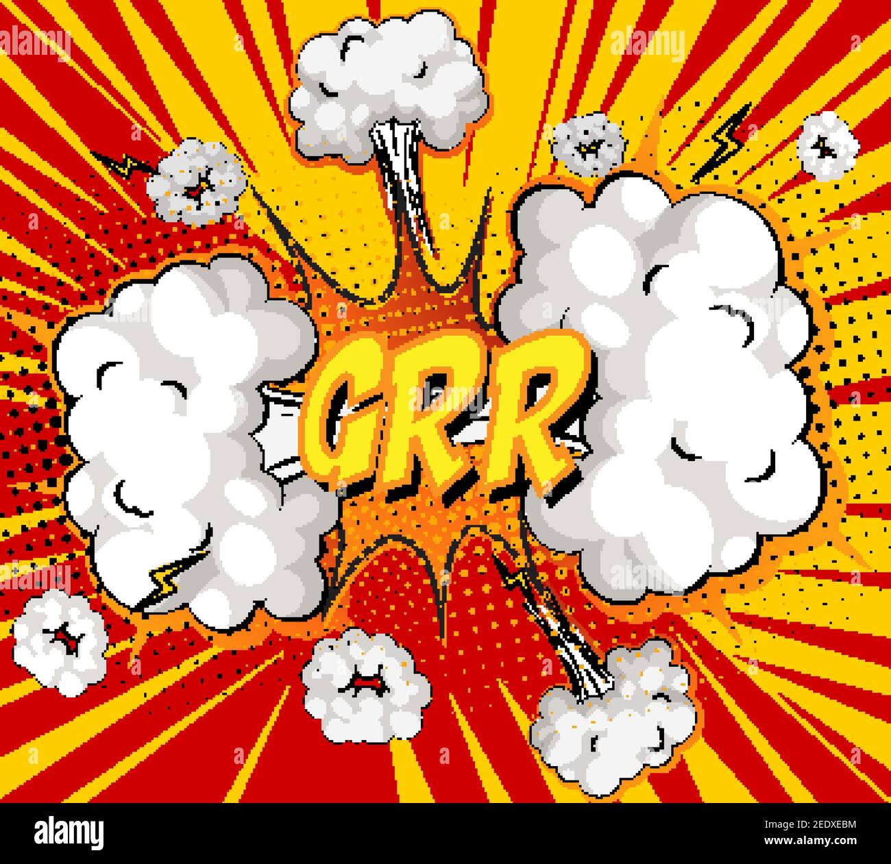 GRR text on comic cloud explosion on rays background illustration Stock ...