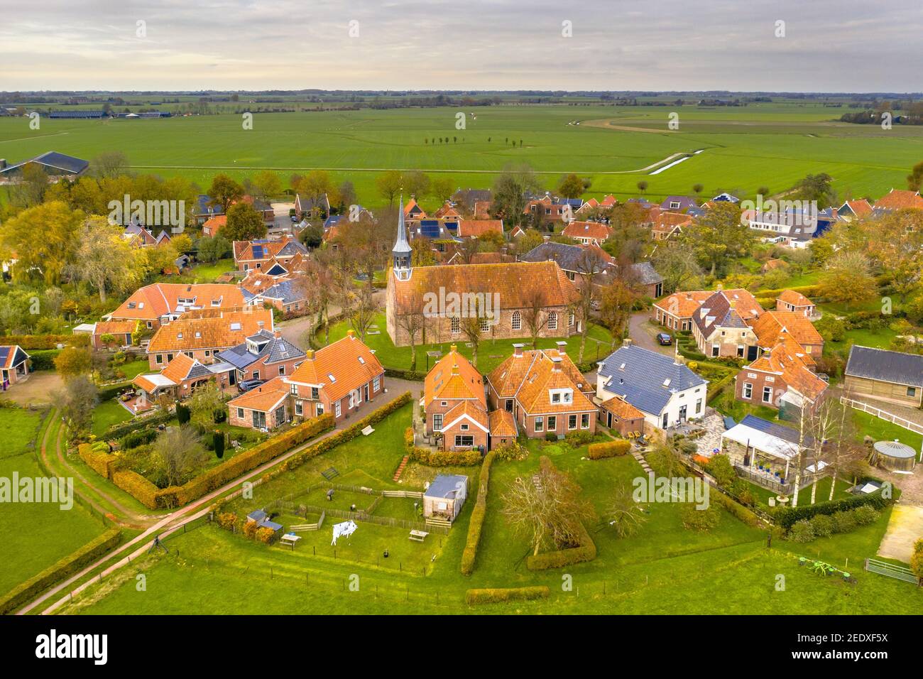 Aerial view of streets in hamlet of Niehove historical dwelling mound ...