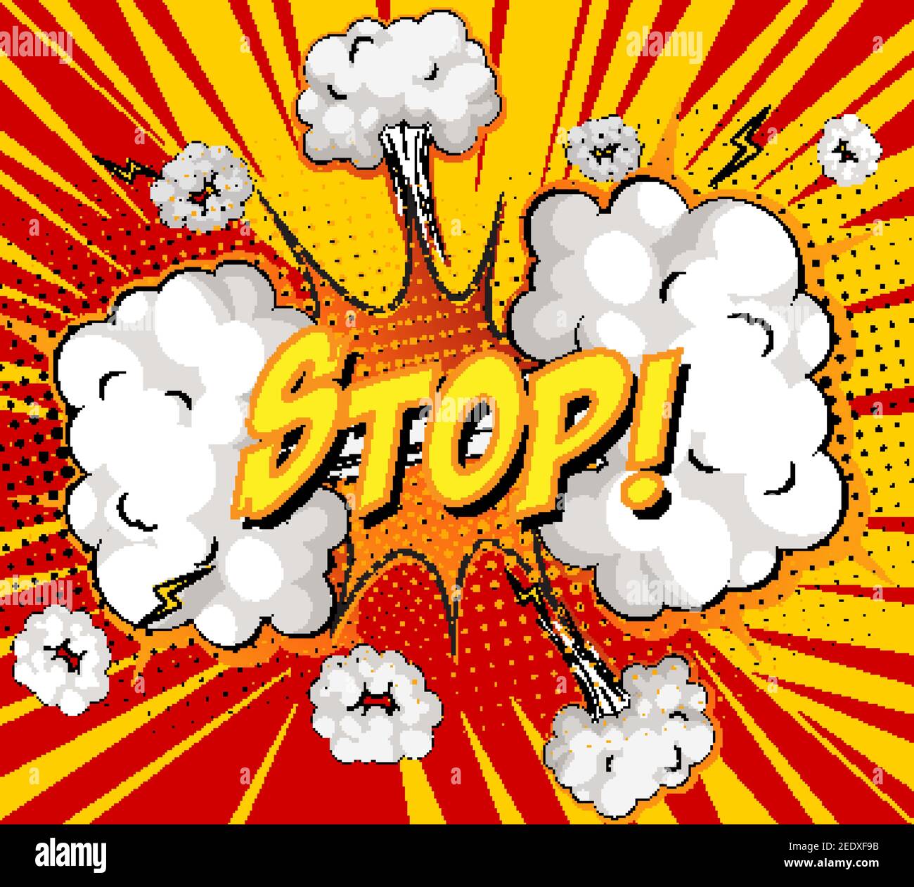 STOP text on comic cloud explosion on rays background illustration ...