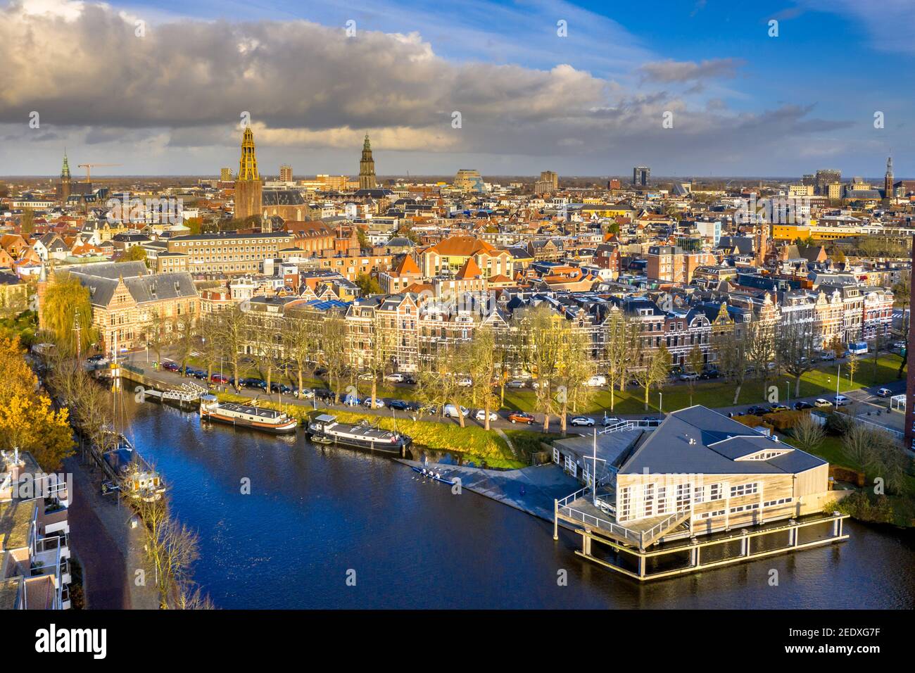 Aerial view of Groningen city centre seen from the south with blue ...