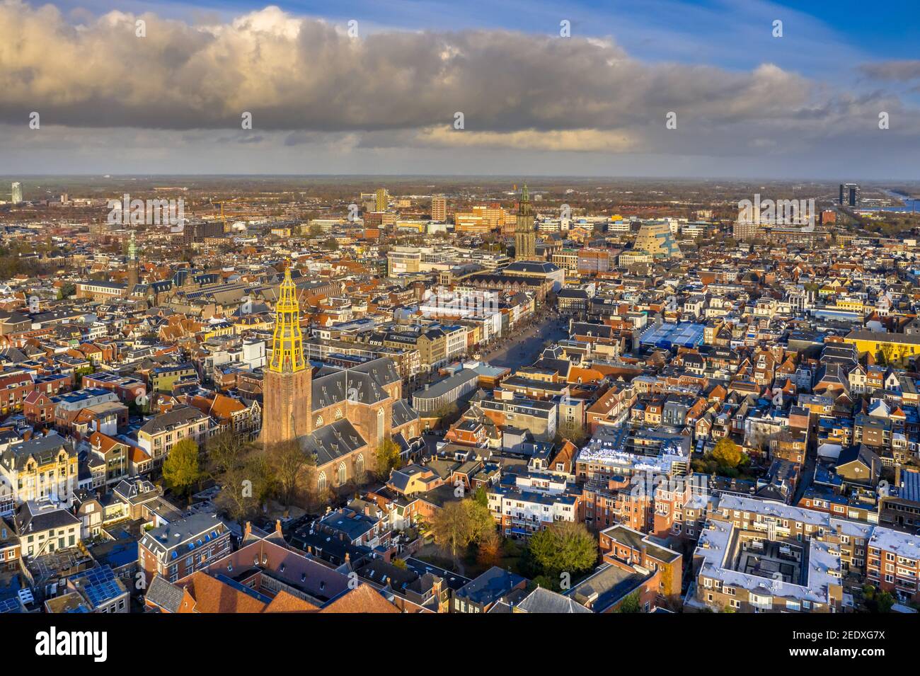 Aerial view of Groningen city centre seen from the south with blue ...