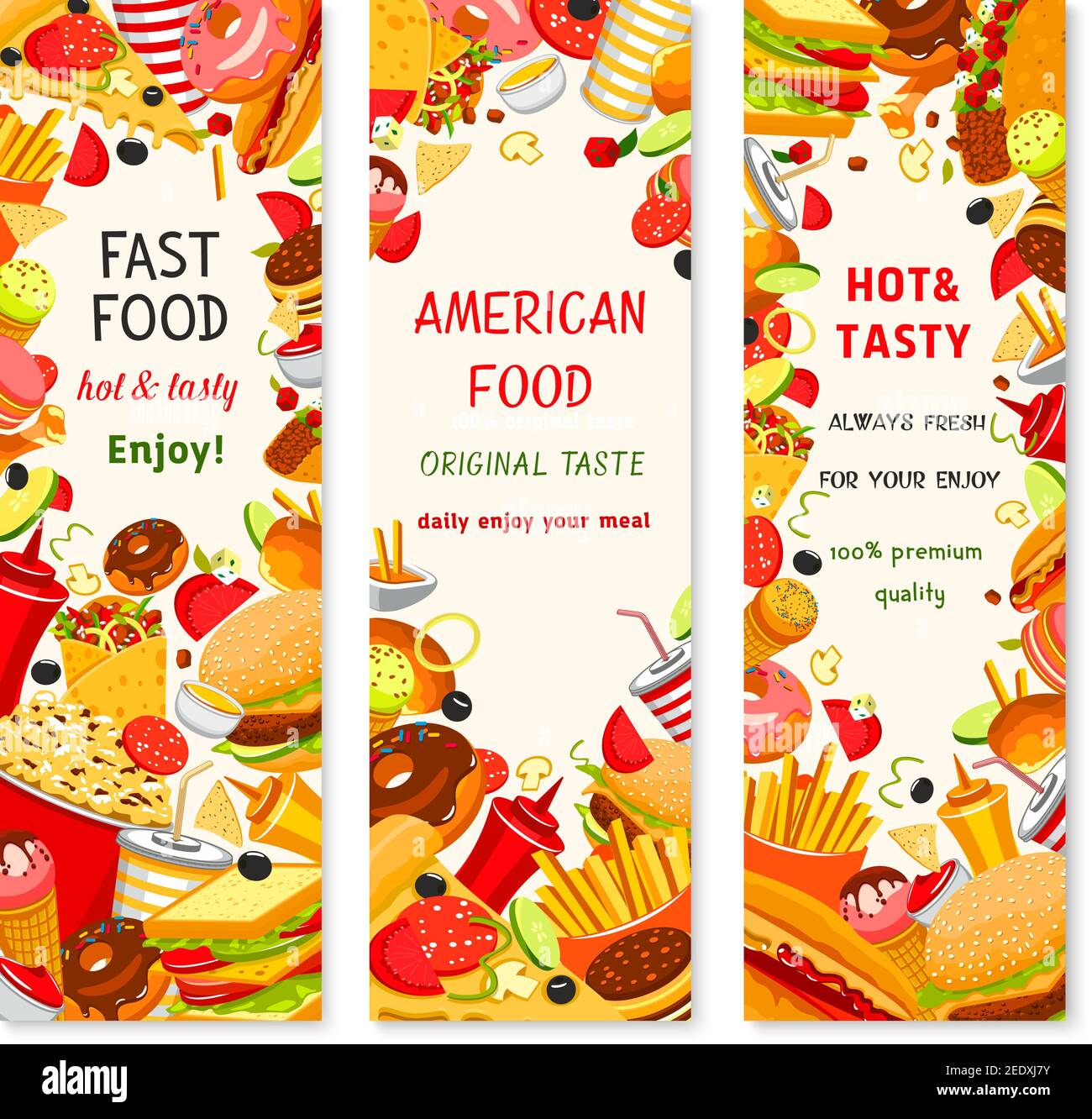 Fast food burgers, hot dog and pizza menu banners for fastfood ...