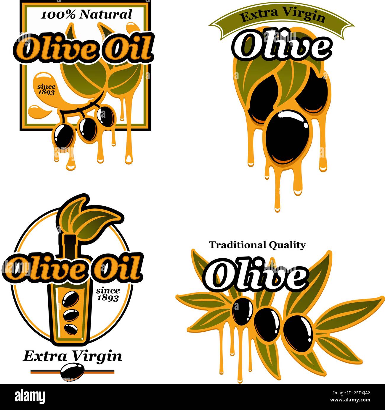 Olive oil icons of fresh green or black olives and bottles. Olive tree ...