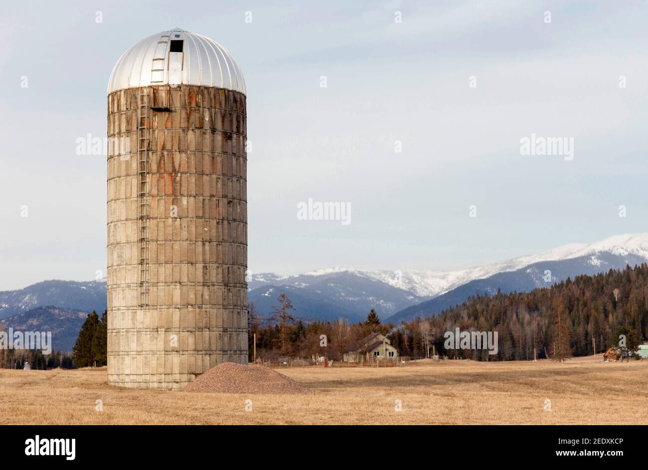 An old concrete tower silo on a farm, near Iron Creek, outside of Troy ...