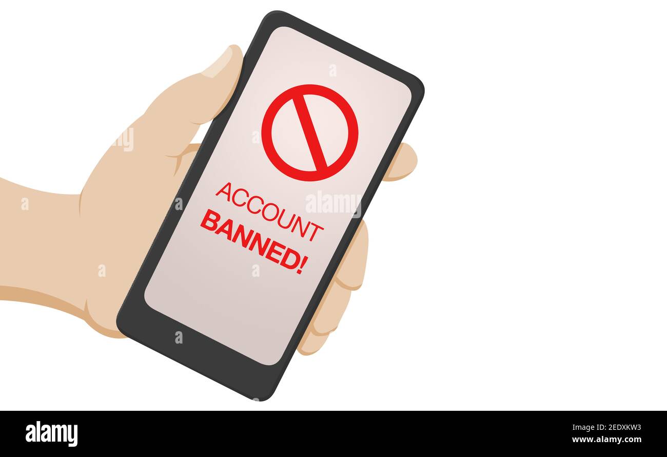 Cartoon banned account on hand held red icon isolated smartphone ...