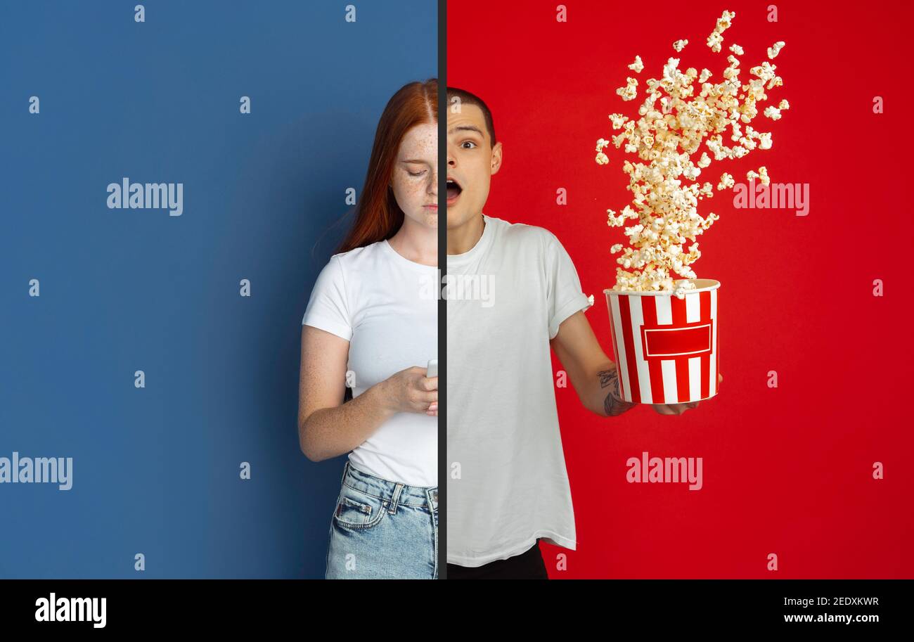 Excited man and disappointed woman. Fun and creative combination of ...