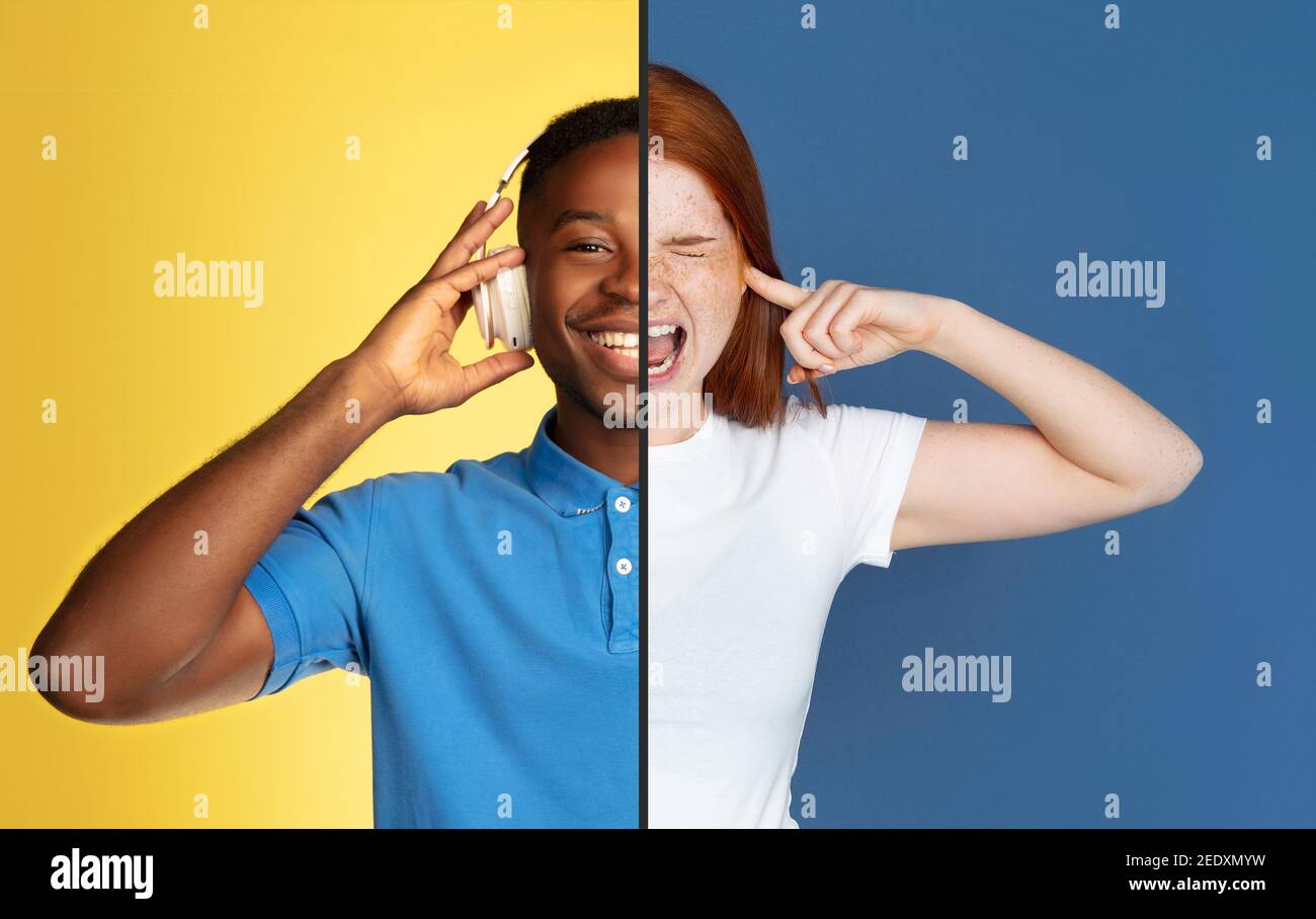 Cheerful man and screaming angry woman. Fun and creative combination of ...