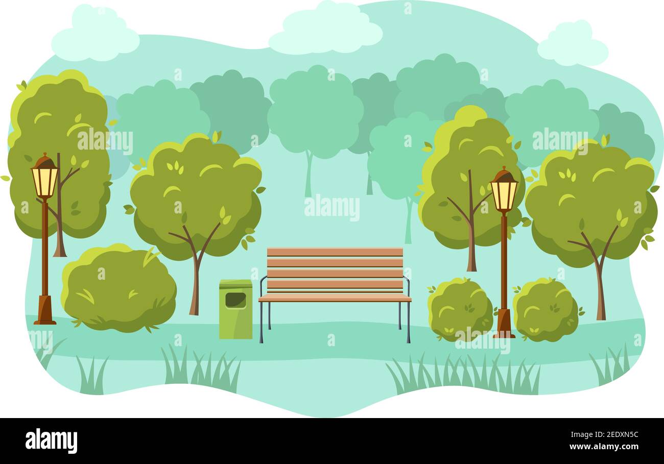 beautiful summer city park with green trees bench, lantern and walkway. Vector illustration ...