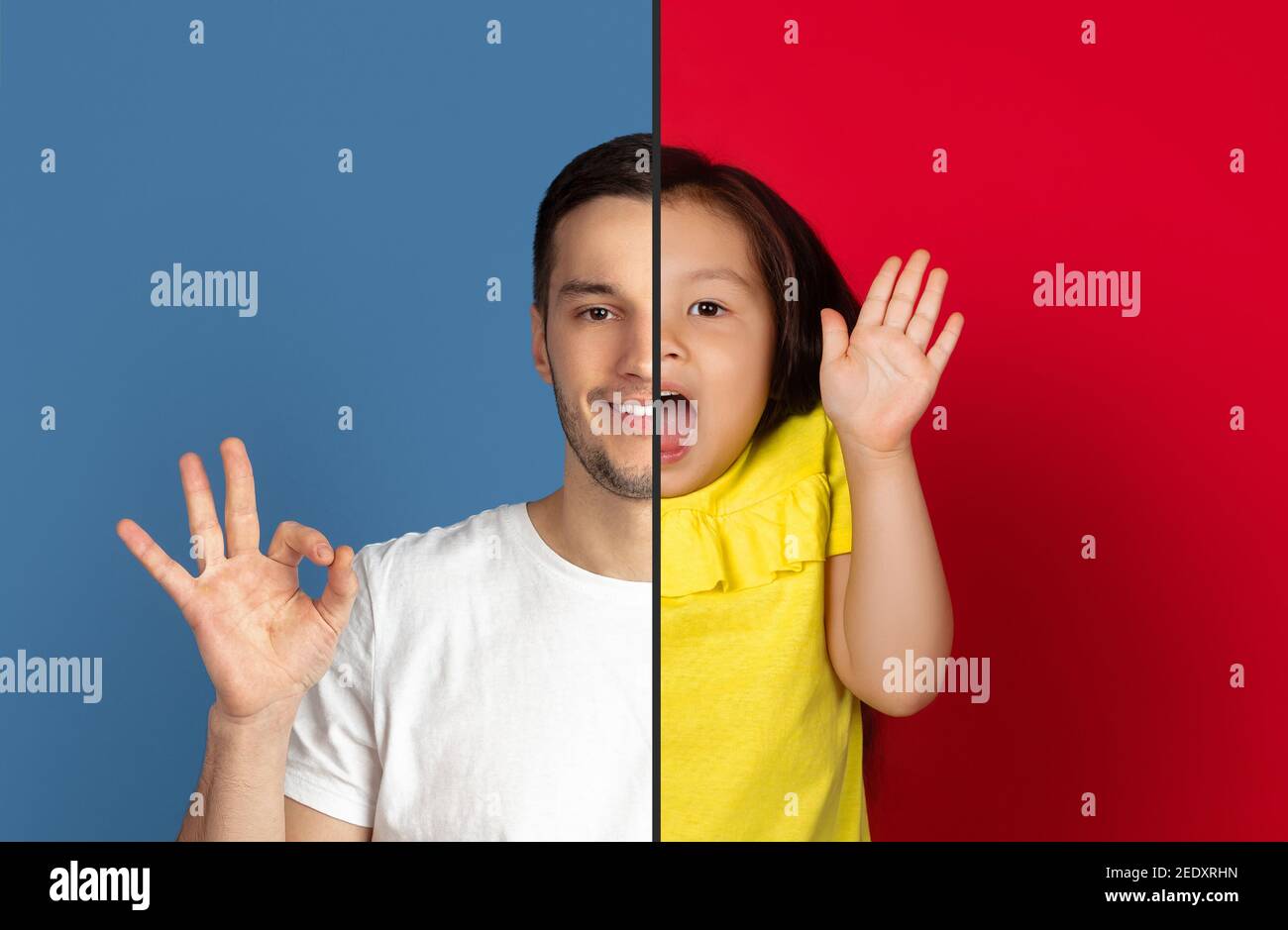 Contented man and agressive girl. Fun and creative combination of ...