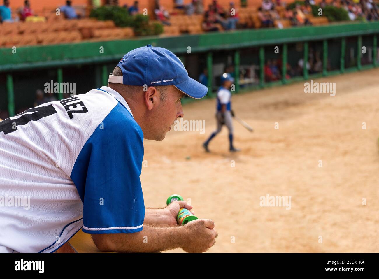 A male baseball fan in the Sandino Stadium bleachers. Cuban baseball ...