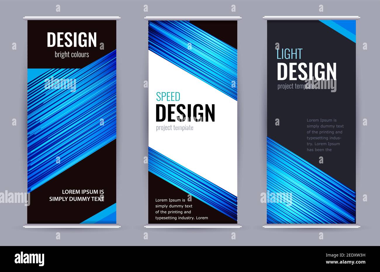 Bright Roll-up banner with blue lines on dark background. Set vertical banners with empty place ...