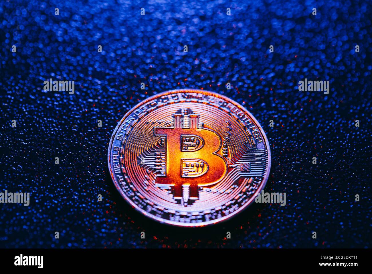One coin with bitcoin logo on a blue background. Cryptocurrency ...